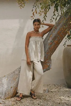 Anthropologie Aubrey Smocked Linen Pants - Unbleached