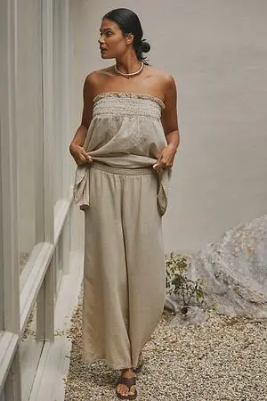 Anthropologie Aubrey Smocked Linen Pants - Unbleached