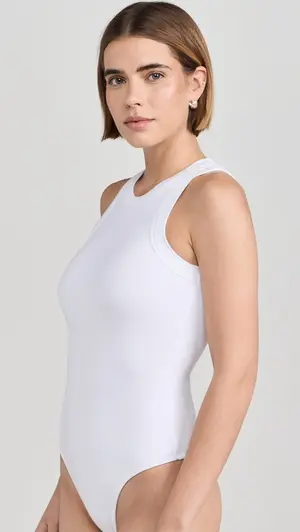 Ambitionist Ali Ribbed Racer Tank Bodysuit - White