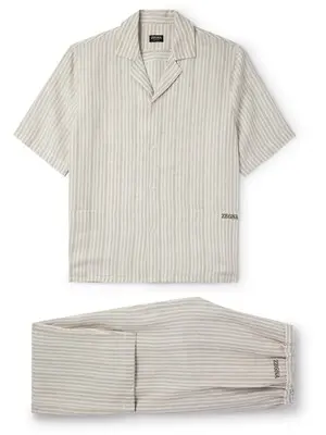 Zegna Logo-embroidered Striped Linen Pyjama Set - Neutrals