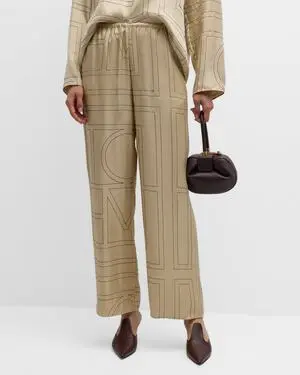 TOTEME Monogram-embroidered Silk Pajama Pants Natural