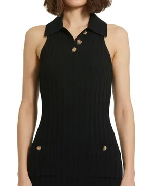 Mac Duggal Rib Knit Collared Sleeveless Fitted Maxi Dress