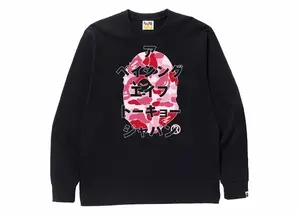 A BATHING APE Abc Camo Japanese Letters Long Sleeve Tee Shirt - Black/pink