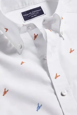 CHARLES TYRWHITT Slim Fit Multi Button-down Collar Non-iron Lobster Print Short Sleeve Shirt - Orange