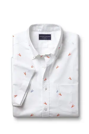 CHARLES TYRWHITT Slim Fit Multi Button-down Collar Non-iron Lobster Print Short Sleeve Shirt - Orange