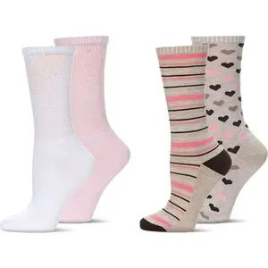 MEMOI Assorted 4-pack Diabetic Crew Socks - Beige/pink/white