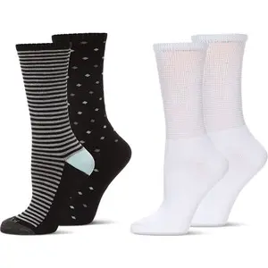 MEMOI Assorted 4-pack Diabetic Crew Socks - Black/white Beige