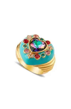 JULY CHILD Gemini Baby Heart Ring - Gold/ Blue Enamel/ Swarovski