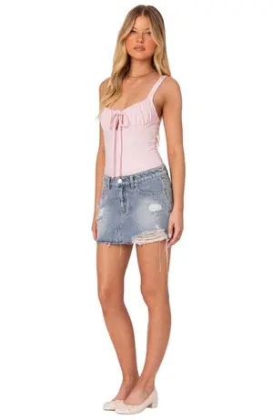 EDIKTED Ginnie Low Rise Distressed Denim Mini Skirt - Light-blue