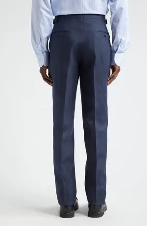 Thom Sweeney Tailored Pleated Linen Trousers - Navy