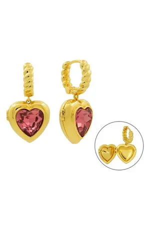 JULY CHILD Mi Amor Locket Drop Huggie Hoop Earrings - Gold/red Heart Shape Crystal