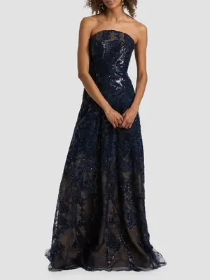 Rene Ruiz Collection Floral Beaded Strapless A-line Gown