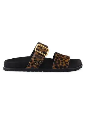 Prada Women's Printed Leather Slides - Black  - Black