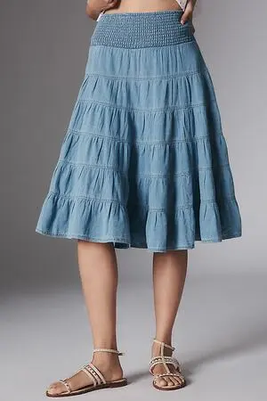 PILCRO The Reese Smocked Denim Midi Skirt - Denim Light