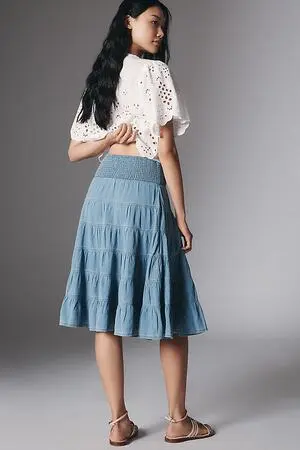 PILCRO The Reese Smocked Denim Midi Skirt - Denim Light