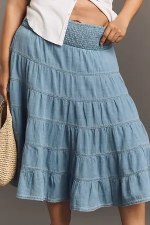 PILCRO The Reese Smocked Denim Midi Skirt - Denim Light