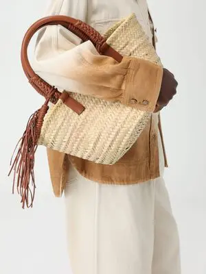 Alanui Woven Raffia Handbag With Leather Trim And Fringe Detail - Beige