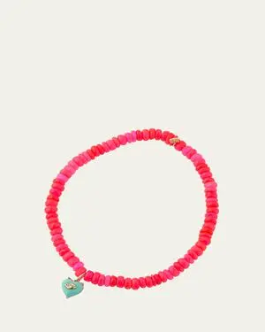 SYDNEY EVAN 14k Yellow Gold Small Carved Diamond Marquise Bezel Turquoise Heart Charm On Hot Beaded Bracelet - Pink Opal