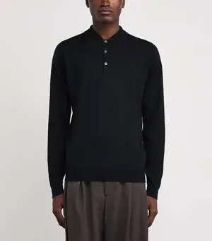 John Smedley Merino Wool Long-sleeve Polo Shirt - Black