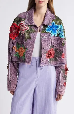 NIKKI LUND Bloom Floral Appliqué Denim Trucker Jacket