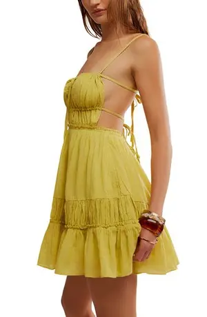 Free People Taking Sides Shirred Tiered Cotton Minidress - Silent Lime