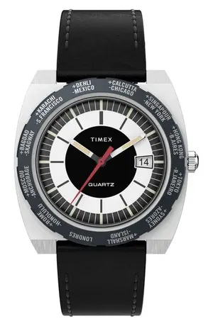 TIMEX® World Time Reissue Leather Strap Watch - Black
