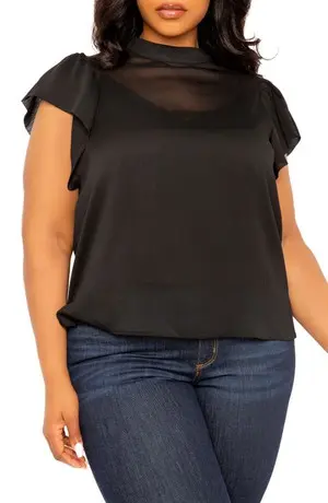 BUXOM COUTURE Ruffle Sleeve Top - Black