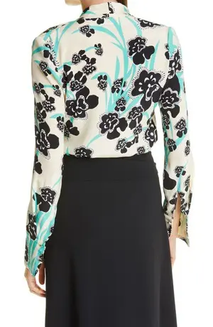 St. John Floral Print Tie-neck Silk Blouse