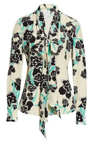 St. John Floral Print Tie-neck Silk Blouse