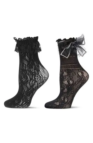 MEMOI Lace Ruffle Cuff Ankle Socks 2-pack - Black-black