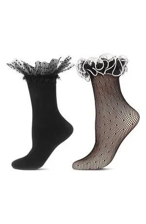 MEMOI Lace Ruffle Cuff Ankle Socks 2-pack - Black-red