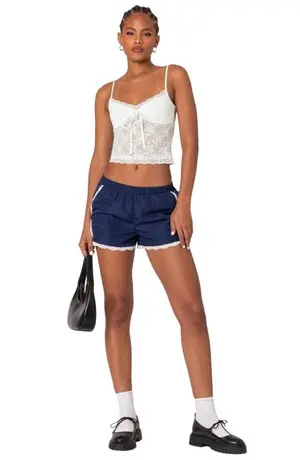 EDIKTED Kallie Lace Trim Track Shorts
