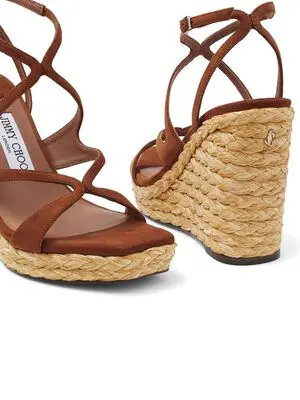 JIMMY CHOO 110mm Ayla Raffia Wedged Sandals - Brown