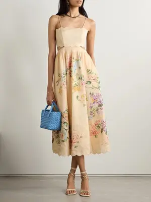 halliday scallop midi dress in cream watercolour floral Zimmermann Halliday Scallop Midi Dress Cream Watercolour Floral Size 1 / AU  10