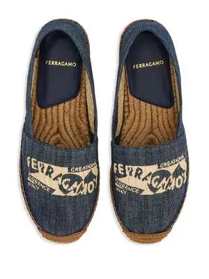 FERRAGAMO Logo-embroidered Denim Espadrilles - Blue