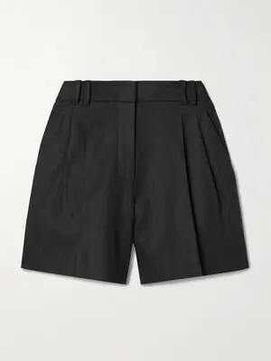Another Tomorrow Pleated Linen Shorts - Black