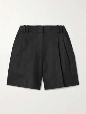 Another Tomorrow Pleated Linen Shorts - Black