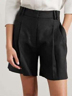 Another Tomorrow Pleated Linen Shorts - Black