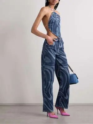 Emilio Pucci Cropped Printed Denim Halterneck Top