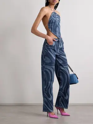 Emilio Pucci Cropped Printed Denim Halterneck Top