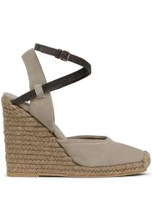 Brunello Cucinelli Monili-embellished Suede Wedge Sandals - Neutrals