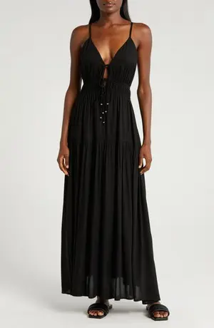 Elan Tie Front Cover-up Maxi Dress - Black