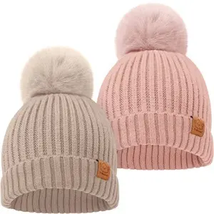 KEABABIES 2-pack Pom Knitted Beanie - Fawn