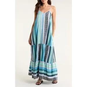 Elan Embroidered Tiered Cotton Blend Cover-up Maxi Dress - Blue Green Arrow Pri