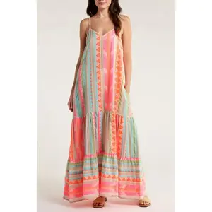 Elan Embroidered Tiered Cotton Blend Cover-up Maxi Dress - Neon Aztec