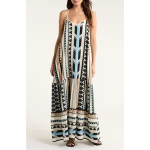 Elan Embroidered Tiered Cotton Blend Cover-up Maxi Dress - Neutral Aztec