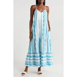 Elan Embroidered Tiered Cotton Blend Cover-up Maxi Dress White/blue Print