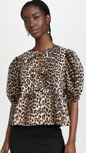 GANNI Printed Cotton Poplin Peplum Blouse - Leopard