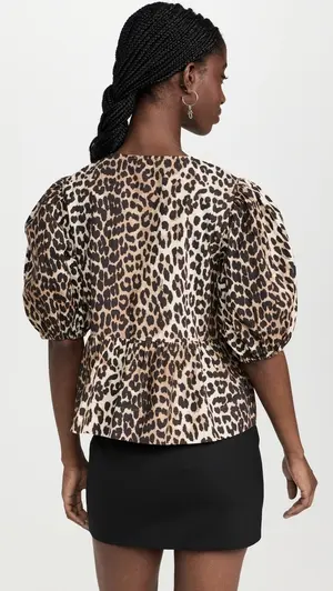 GANNI Printed Cotton Poplin Peplum Blouse - Leopard
