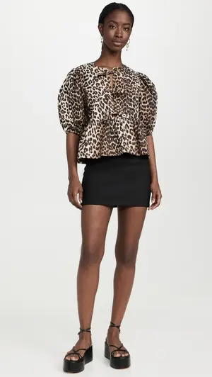 GANNI Printed Cotton Poplin Peplum Blouse - Leopard